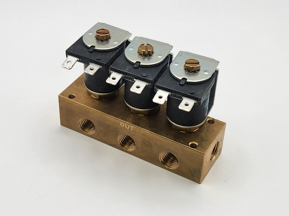 DEMA Brass Manifold Valve, 3 Station, Metering, NC, 1/4" NPT, 24 VAC S ...