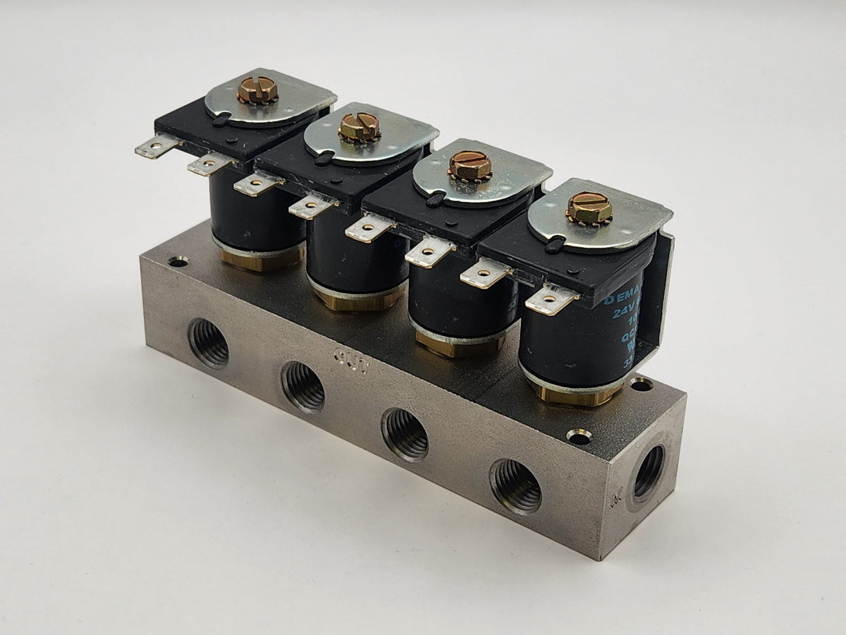 DEMA SS Manifold Valve, 4 Station, Metering, NC, 1/4" NPT, 24 VAC Spad ...